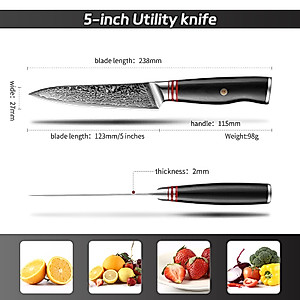 lrovag Utility Kitchen Knife，5 Inch Damascus Paring Knife, Super Sharp High Carbon Stainless Steel Fruit Knife，Multipurpose Chopping Knife, Japan VG10 Steel Core,Premium Gift Box