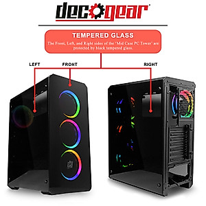 Deco Gear Mid-Tower PC Gaming Computer Case 3-Sided Tempered Glass and LED Lighting - Mini-ITX, Micro-ATX, ATX - Includes 4 120mm Double Ring Fans w/Expansion for More, 7 Expansion Slots, 4 Drives