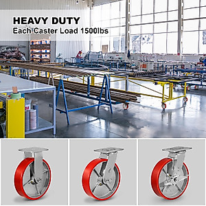 NINOSO 8"X 2" Caster, Industrial Swivel Caster with Polyurethane Wheel, 1500lbs Load Capacity Per Caster Wheels Heavy Duty for Toolbox Workbench (1Pack Brake)