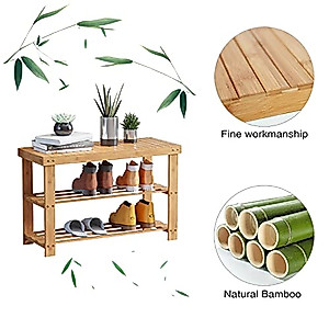 C&AHOME Shoe Rack Bench Bamboo, 3-Tier Shoe Organizer for Entryway, Shoe Storage Shelf Holds up to 240 LBS, Storage Benches Ideal for Bathroom Bench, Entryway, Hallway and Living Room, Natural