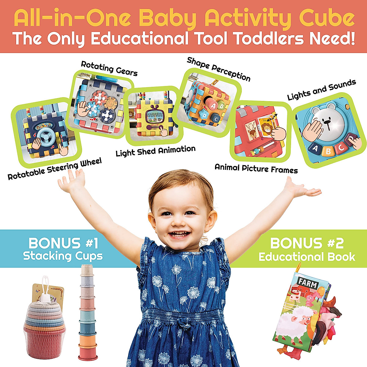 Baby Activity Cube with Lights and Music 6 in 1 Interactive Shapes, Letters, and Colors, Early Learning and Educational Toys for 1, 2 Years Old Multipurpose Educational, Toddler, First Birthday Gift