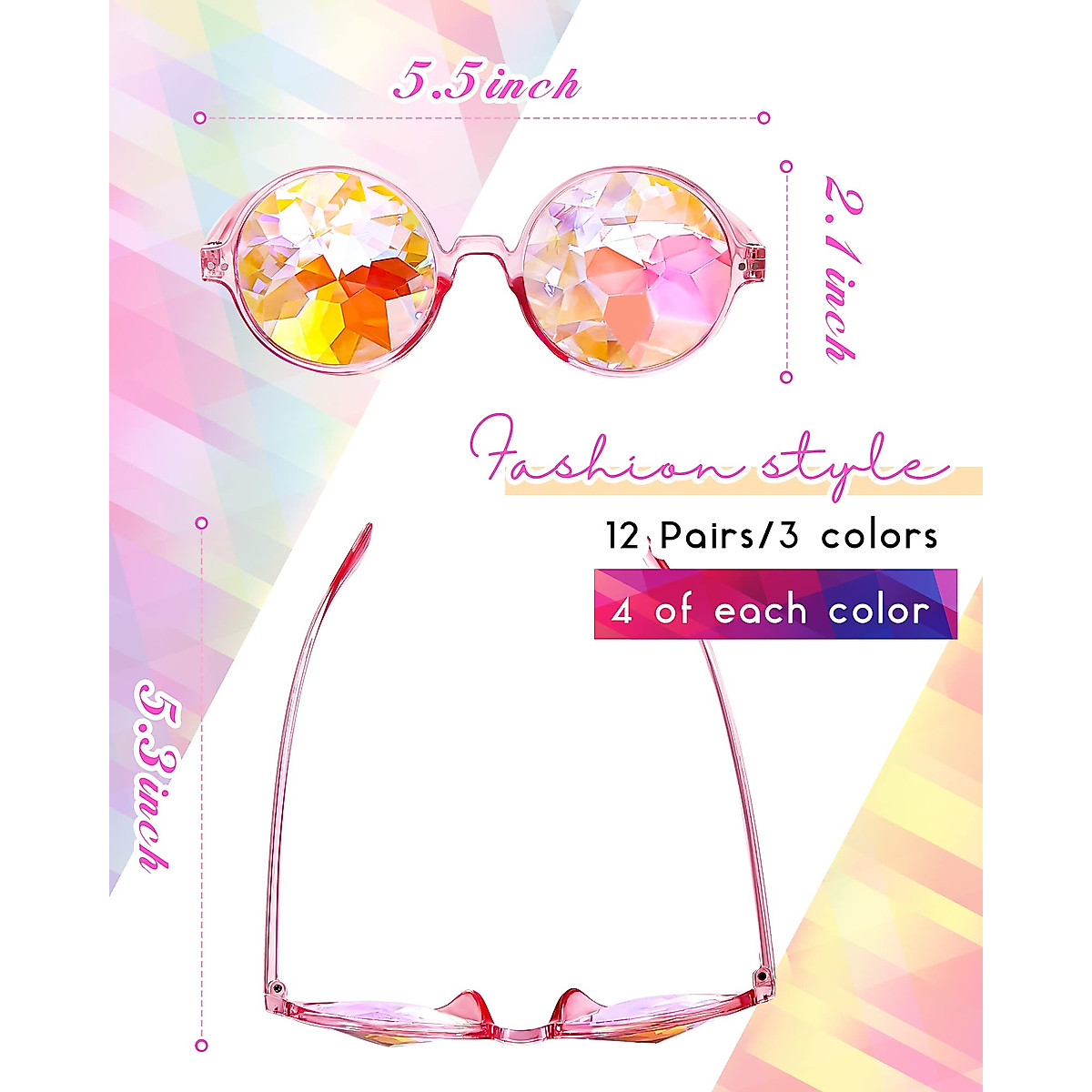 Frienda 12 Pairs Kaleidoscope Rave Rainbow Glasses Refraction Trippy Psychedelic Rave Goggles with Resin Lens Diffraction Prism Women's Costume Eyewear Sunglasses for Festival