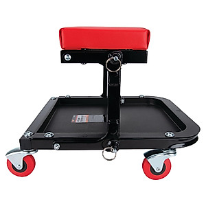 Performance Tool W85021 Folding C-Frame Creeper Rolling Work Seat with Tool Tray for Mechanic Garages and Workshops, Black/Red, 12.5-inch Height
