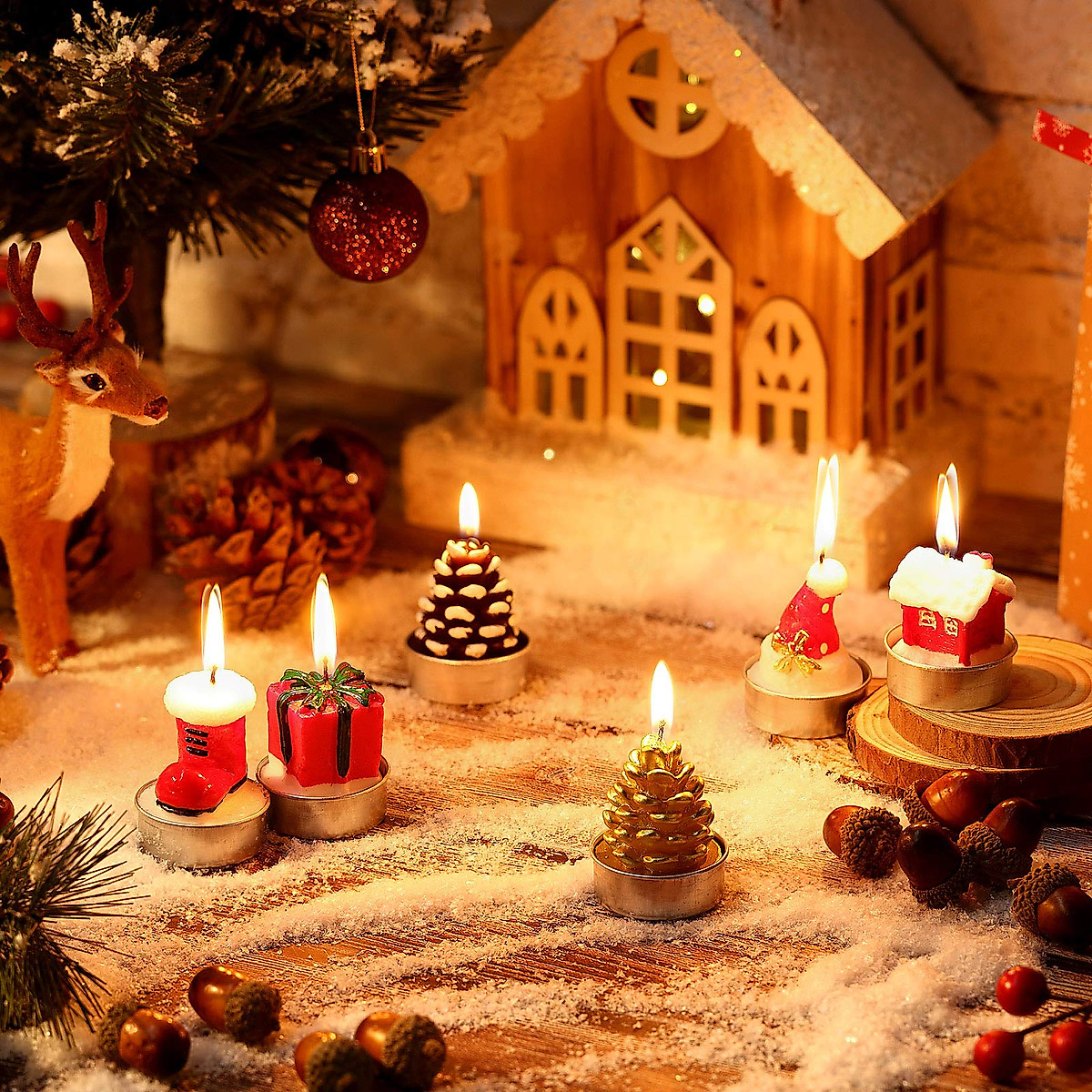 12 Pieces Christmas Tealight Candles Handmade Delicate Santa Claus, Snowman, Pine Cones, Christmas Tree, Shoes, House, Santa Hat Candles, Christmas Home Decorations (Cute Style)
