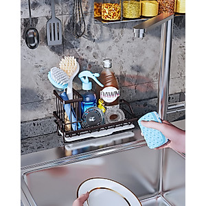Consumest Sink Caddy Kitchen Sink Organizer, Sponge Holder for Kitchen Sink with Removable Drip Tray for Countertop Dish Soap Holder Dispenser Brush Holder, 304 Stainless Steel - Bronze