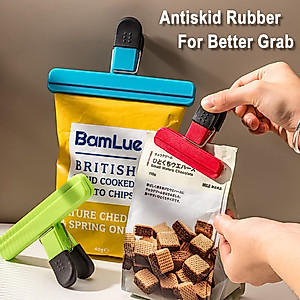 BamLue 12 Pack Large Bag Chip Clips, Heavy Duty Reusable Bag Seal Clips with 6 Assorted Colors Food Storage Clamps Air Tight Seal Grip for Snacks Coffee Vegetables Fruit