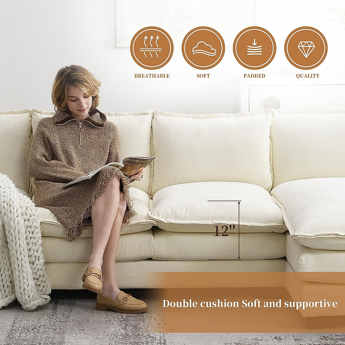 GNIXUU 118" Convertible L Shaped Sectional Sofa Couch for Living Room, Comfy Chenille Cloud Couch with Reversible Chaise, Deep Overstuffed 4 seat Couch Sleeper Upholstered Furniture(Beige)