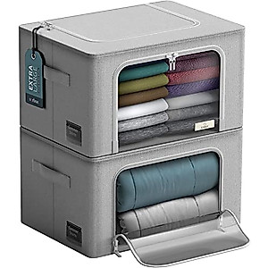 Jumbo Storage Bins with Metal Frame - Stackable & Foldable Clothes Organizer Bags - Oxford Fabric Storage Containers with Large Clear Window & Carry Handles, Organization for Bedding, Linen, Clothes & More