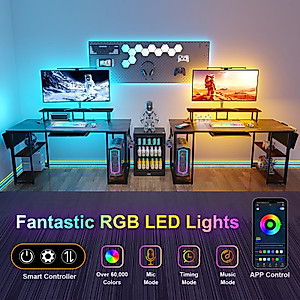 Wokerwie Gaming Desk with Led Lights & Power Outlets,Wooden Computer Desk with Fabric File Cabinet and Hook, 45 Inch Home Office Desk with Monitor Stand & Storage Sheves, Writing Desk, Brown