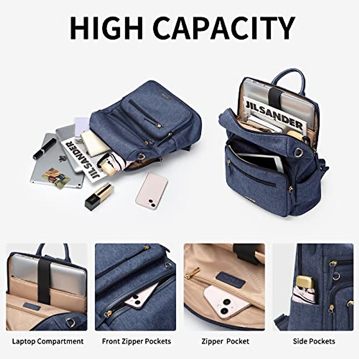 GOLF SUPAGS Stylish Women's Laptop Backpack in Mini Denim Blue with Oxford Fabric Travel Casual and Daily Use Backpack Purse Fits 13.3 Inch Notebook