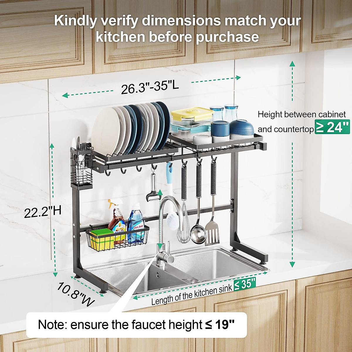 GSlife Over The Sink Dish Drying Rack - Length Adjustable (33.66~39.57") Dish Rack Over Sink Large Capacity, Rustproof Kitchen Dish Drying Rack, Above Sink Dish Rack, Black