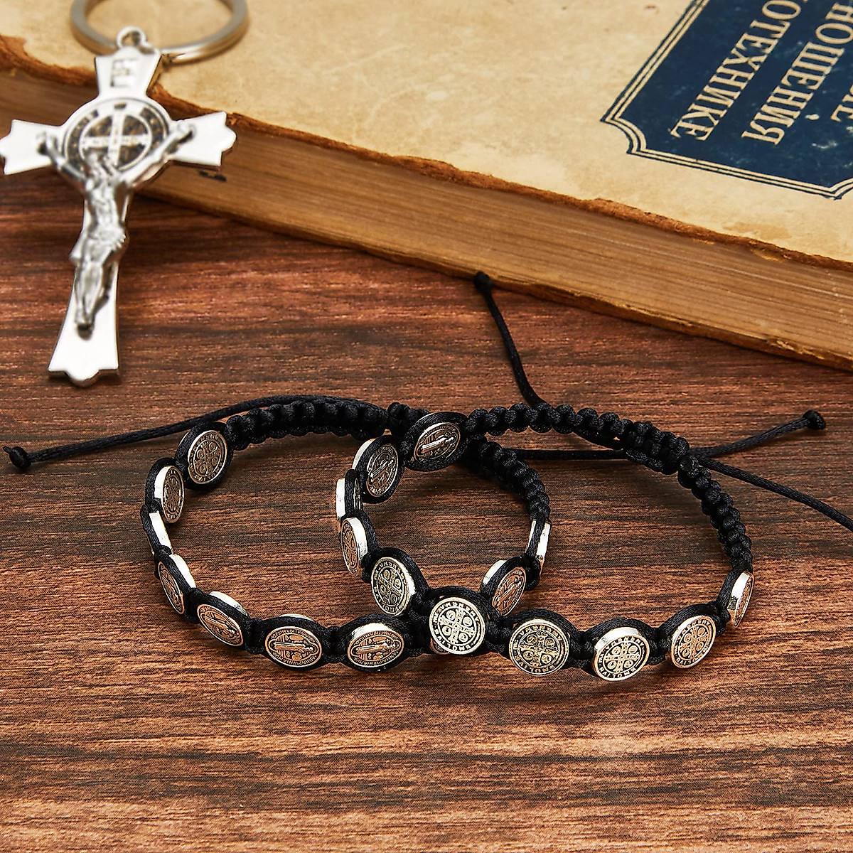 Hicarer 6 Pcs Protection Bracelet Benedict Cord Wrist Bracelets Adjustable Medal Rosary Bracelet Catholic Gifts for Women Men (Classic)