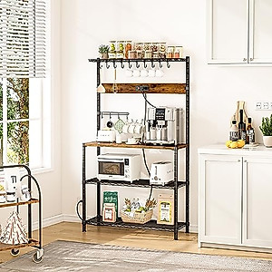 SUPERJARE Bakers Rack with Power Outlets - Height Adjustable Microwave Stand, 4-tier Kitchen Storage Rack with 10 S-shaped Hooks, 360° Hanging Strip, Coffee Bar Station - Rustic Brown