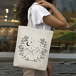 SAUIVD Mountain Moon Flowers Cotton Canvas Tote Bag Mountains Wreath Handbag for Party Grocery Shopping Market