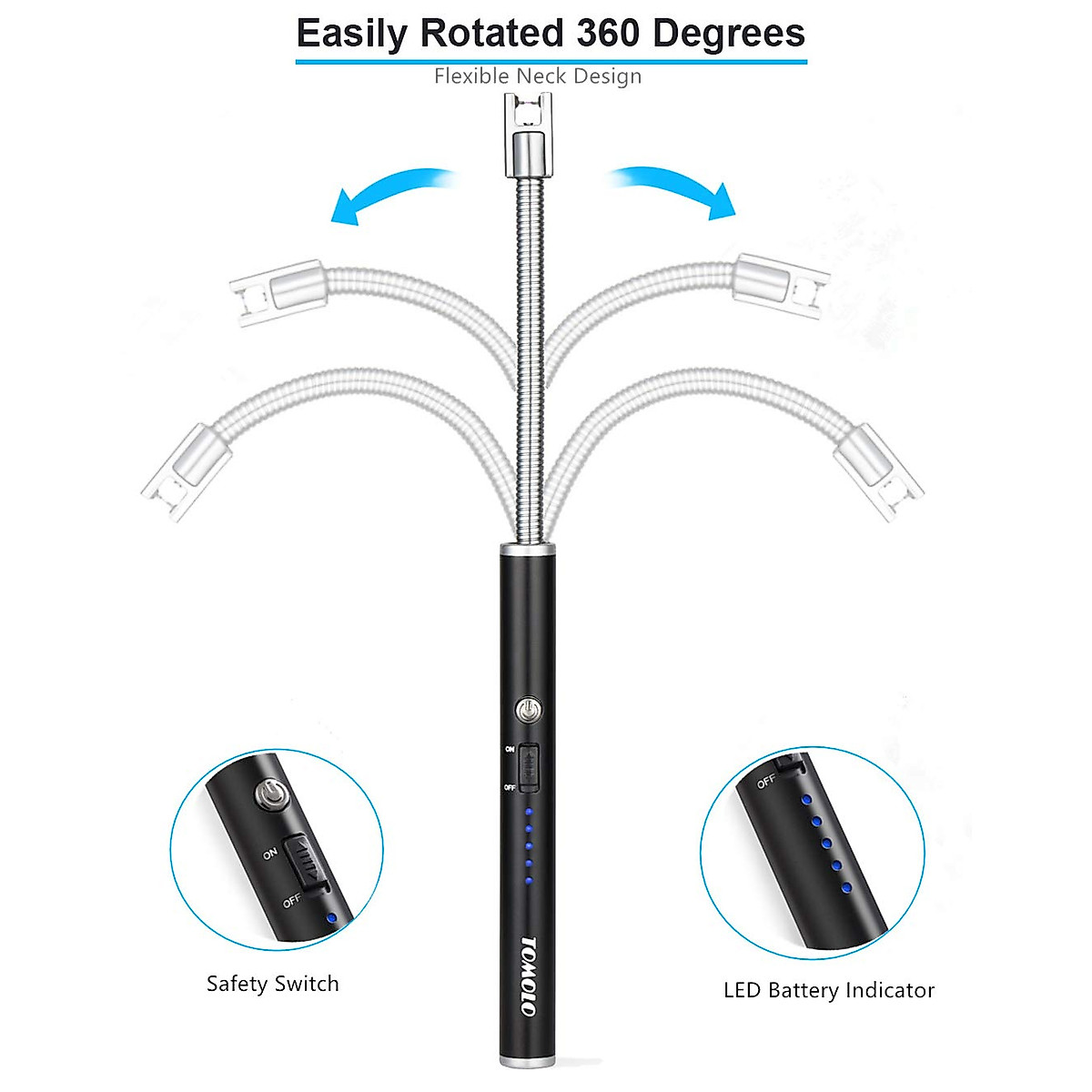 TOMOLO Electric Rechargeable Candle Lighter Grill Lighter Arc Lighter with Flexible Neck, LED Battery Display Safety Switch for Candle Camping Cooking BBQs Fireworks (Black&Silver)