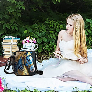 cfpolar Insulated Lunch Bag, Ethnic Animal Horse Lunch Box Wide Opened Tote Reusable Lunch Container Organizer Thermal Cooler Bag with Shoulder Strap for School Office Picnic Hiking Beach Fishing