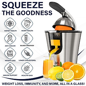 Eurolux Premium Electric Orange Juicer | Stainless Steel Citrus Squeezer With New Ultra-Powerful Motor and Soft Grip Handle for Effortless Juicing, Auto Shutoff, Dishwasher-safe Parts, Pulp Control