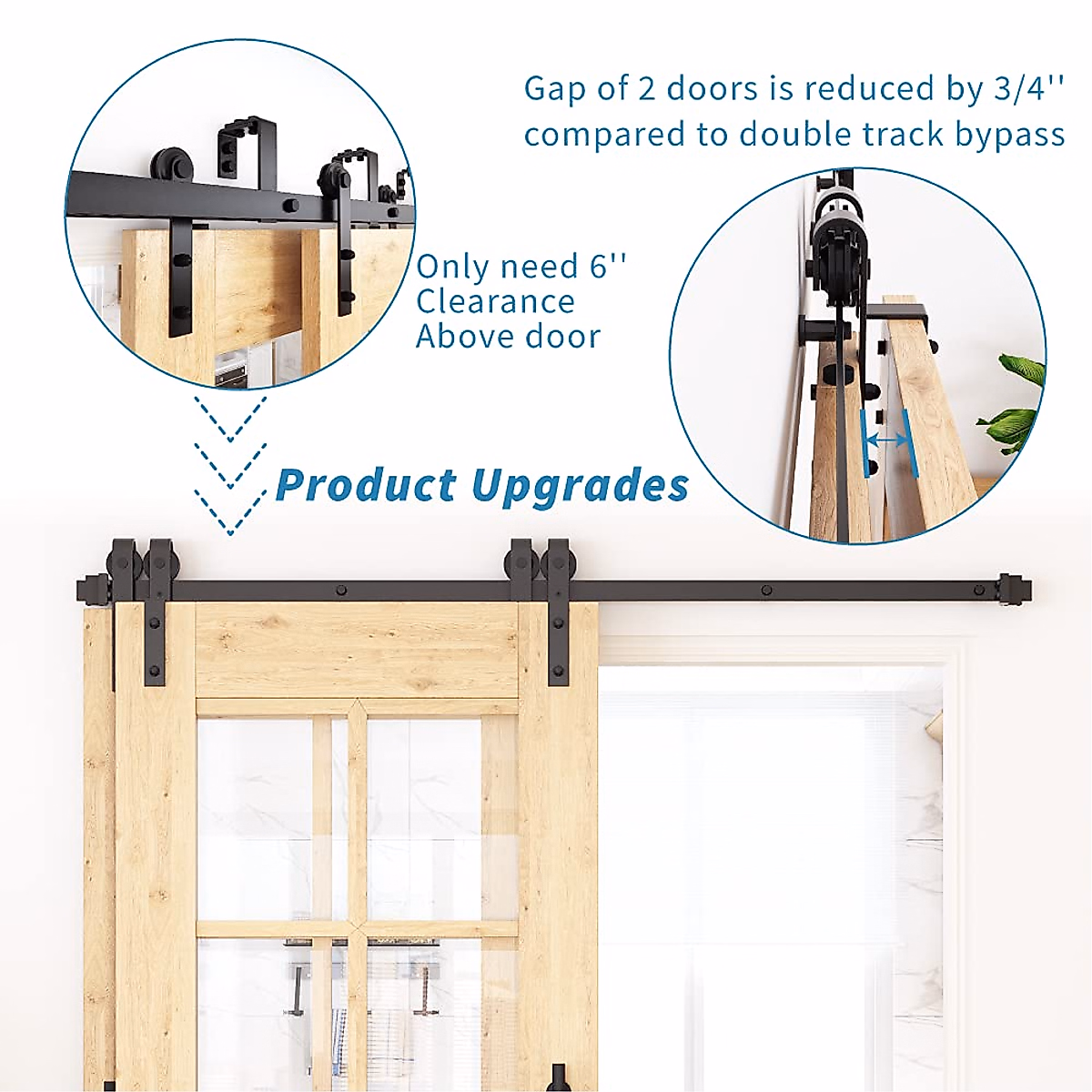 ZEKOO 12FT Single Track Bypass Sliding Barn Door Hardware Kit for Double Doors, Barn Door Bypass Hardware Kit, Flat Track Roller, Low Ceiling (J Shape Hanger)