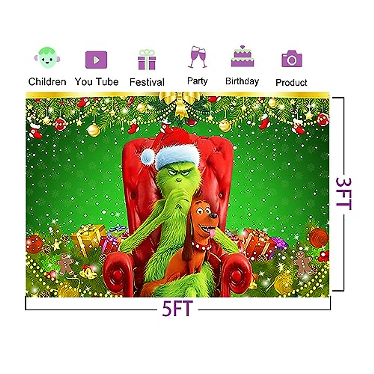 Green Christmas Backdrop for Party Supplies 5x3ft Grinch and Dog Photo Background Merry Christmas Photography Backdrop Grinchmas Banner