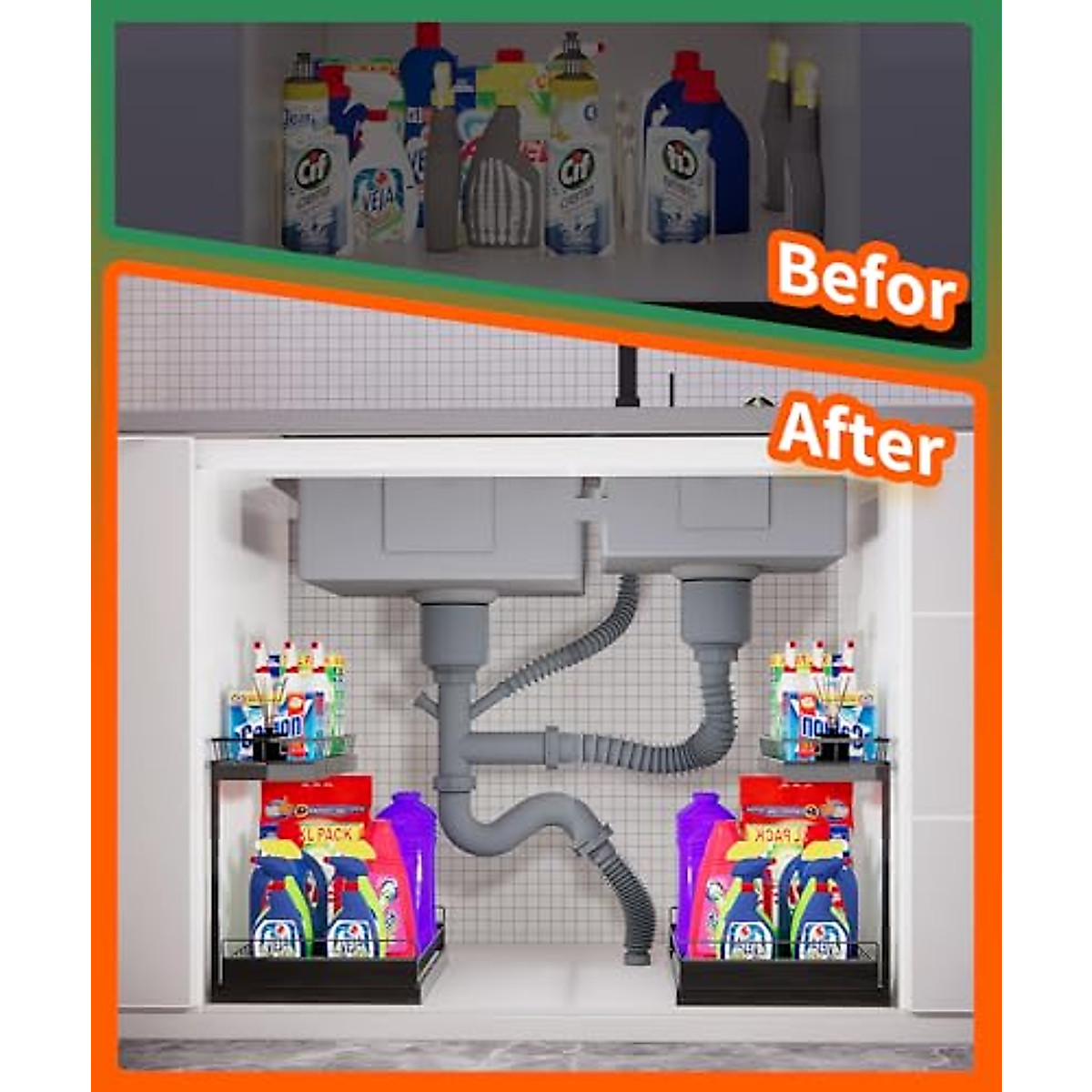 ZJSYMZY Under Sink Organizer,2 Tier Sliding Under Cabinet Storage,Heavy Load Carbon Steel Under Sink Storage for Kitchen Bathroom