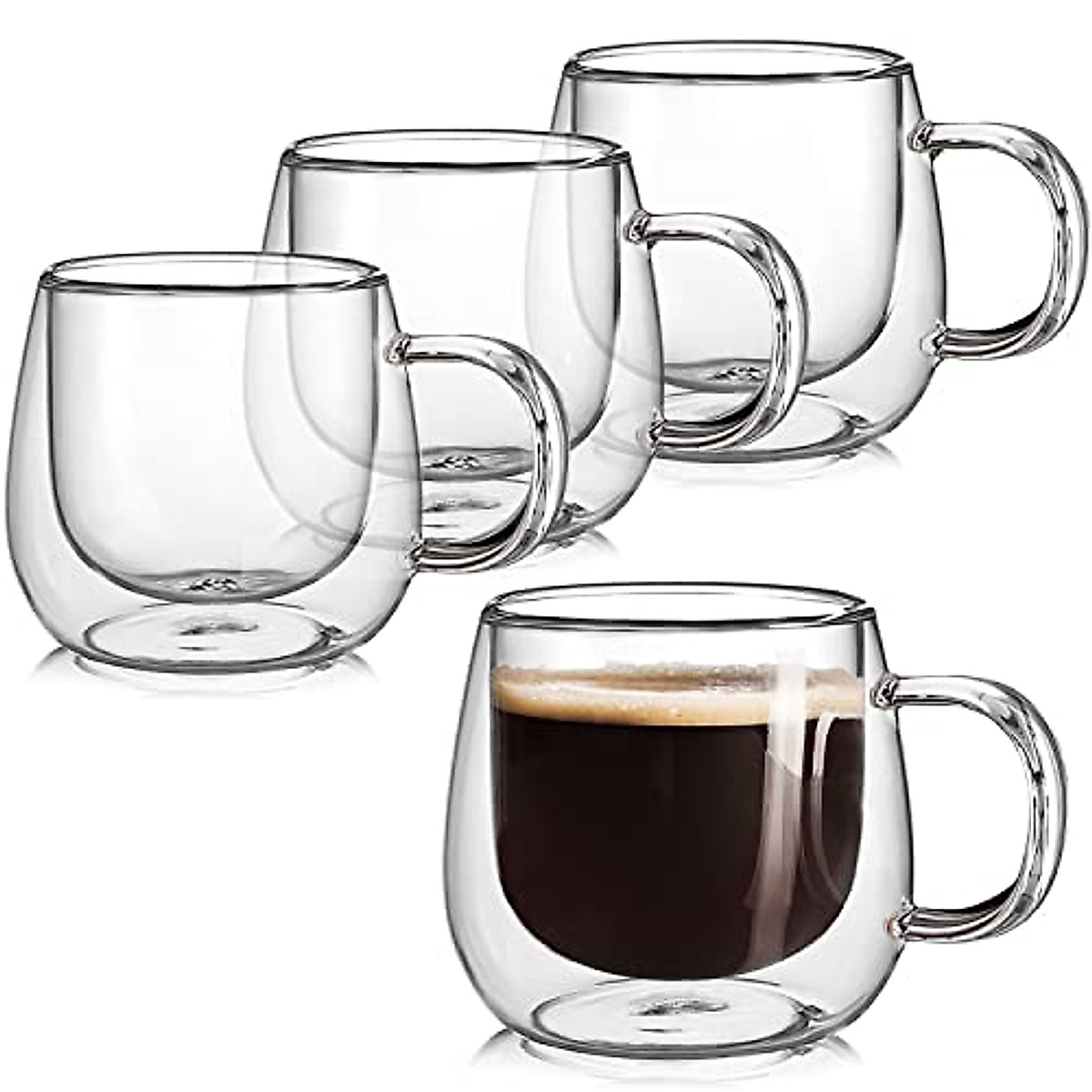 BNUNWISH Double Wall Glass Coffee Mugs 10oz Set of 4 Insulated Clear Tea Cups with Handle, Perfect for Espresso, Latte and Cappuccinos