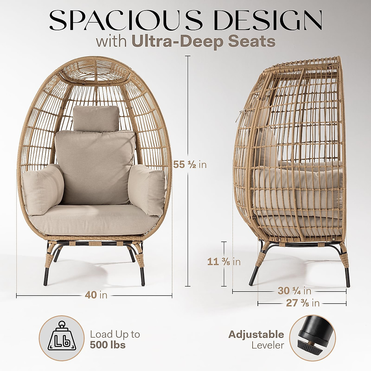 Bme Heavy Duty 500 Lbs Capacity Oversized Wicker Egg Chair for Outside, UV 2000 Hours Material with Non-discolouring Fabric Cushion, Durable Against Water, Weather