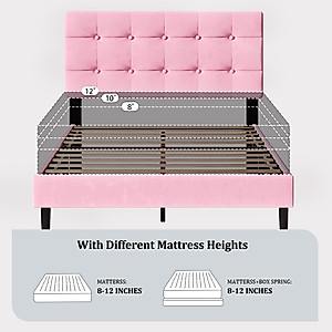 UNIZONE Full Size Bed Frame with Button Tufted Upholstered Headboard, Velvet Platform Bed with Wood Slats Support, Mattress Foundation, No Box Spring Needed, Easy Assembly, Pink