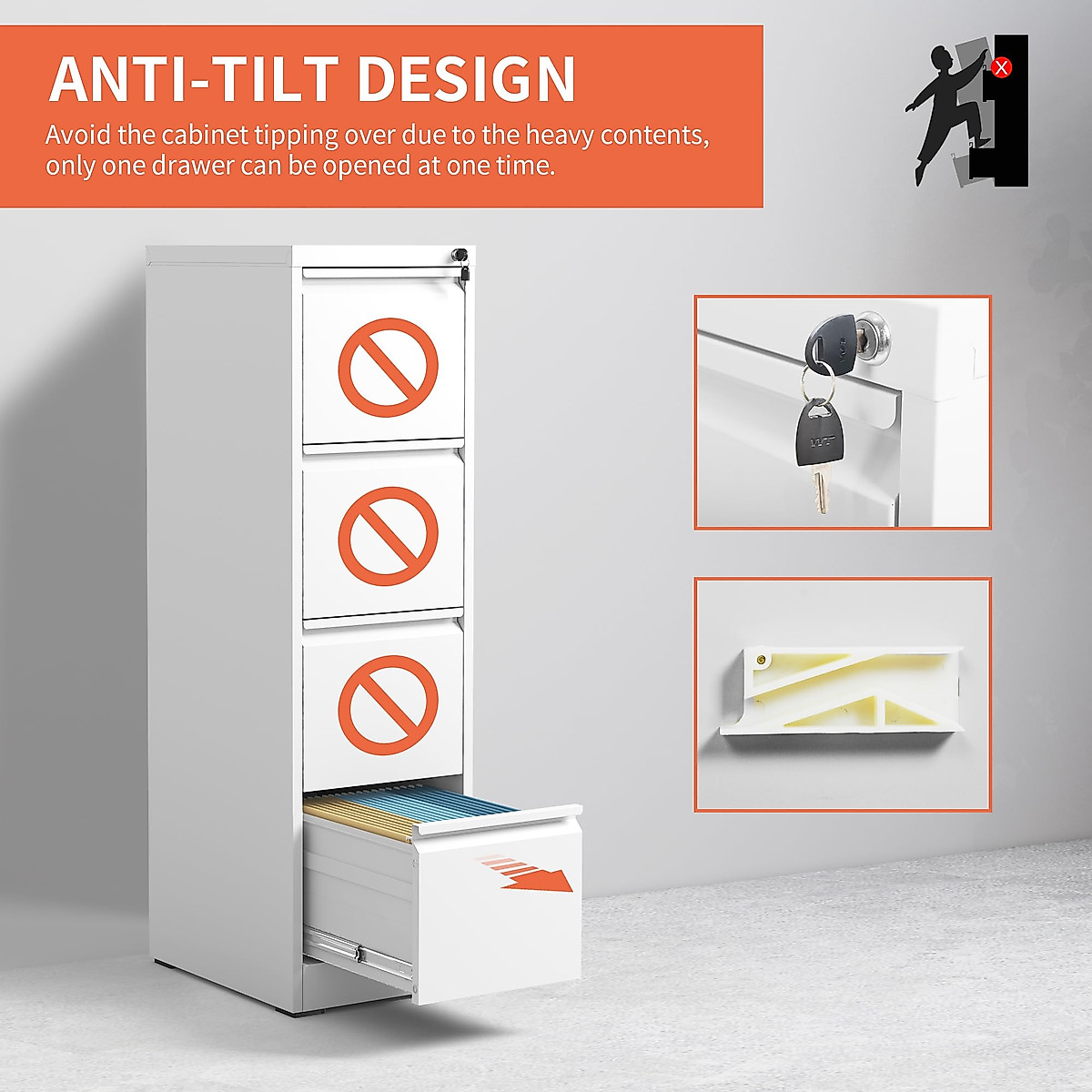 IKIMI 4 Drawer File Cabinet,Metal Filing Cabinets with Lock,White Vertical File Cabinet for Home Office,Heavy Duty Metal Storage Cabinet for A4/Letter/Legal Size File,Assembly Required