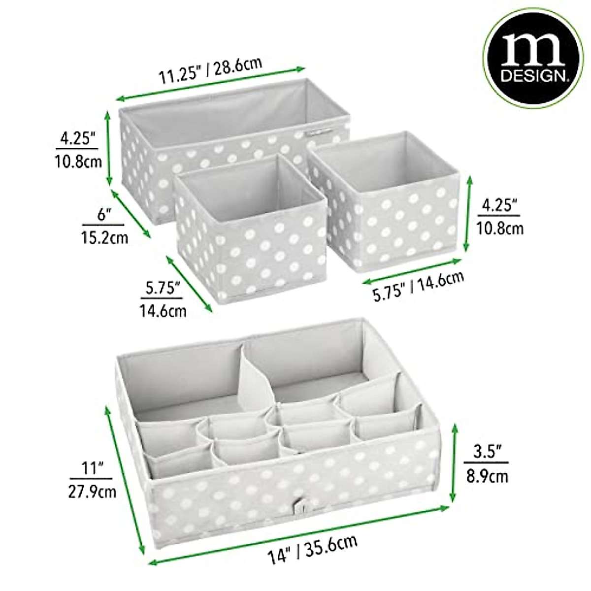 mDesign Fabric Drawer Organizer Bins, Kids/Baby Nursery Dresser, Closet, Shelf, Playroom Organization, Hold Clothes, Toys, Diapers, Bibs, Blankets, Set of 4, 2 Pack, Gray/White Polka Dot