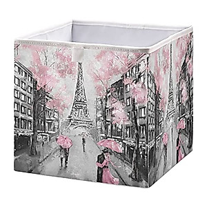 WELLDAY Storage Basket Pink Paris Tower Foldable 11 x 11 x 11 in Cube Storage Bin Home Decor Organizer Storage Baskets Box for Toys, Books, Shelves, Closet, Laundry, Nursery