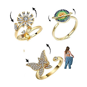 JILIYUPA 3Pcs Sunflower Fidget Rings For Women Girls Teen Men, Gold Bee Flower Butterfly Open Rings Set, Cubic Zirconia Ring Sunflower Flower Spinner Ring for Women Bridesmaid Bride Rings