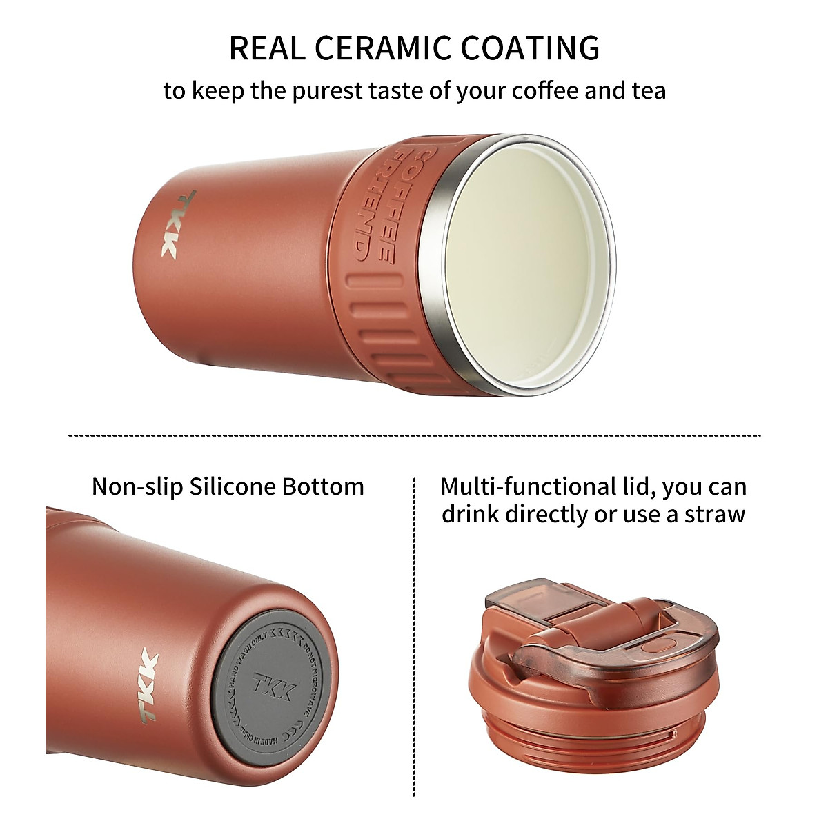 TKK Insulated Coffee Thermos with Ceramic Coating, 21oz Iced Coffee Tumbler Cup with Straw Lid Double Wall Vacuum Leak Proof Travel Mug with Strap for Hot and Iced Beverage, Red