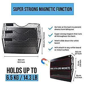 Rejuvet Super Strong 3-Tier Magnetic file holder for file cabinets-13.9inch(35.5cm) black magnetic paper holder that holds up to 14.3Lbs (6.5kgs). A magnetic mail holder and a magnetic file holder for refrigerator