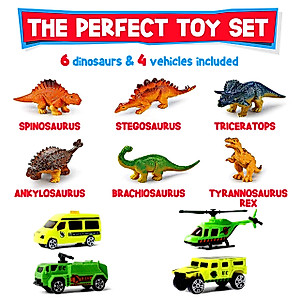 Think N Thrill Dinosaur Toys Storage Carrier for Kids Includes 6 Mini Dinosaurs 3 Toy Cars & Helicopter - #1 Best Fun Playset for Boys & Girls - Great for Children Ages 3+ Years Old (Dinosaur)