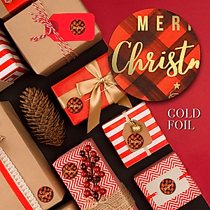 Mobiusea Creation Merry Christmas Stickers | Envelope Seals | 1.4 inch | Gold Foil | Red Buffalo Plaid Labels| Waterproof | 90-Pack for Christmas Gifts, Holiday Stickers for Envelopes, Holiday Cards