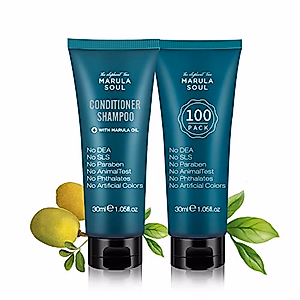 OPPEAL Travel Size 2in1 Shampoo & Conditioner with Marula Oil - 1.05 oz - Hotel Size for Use in Vacation Rental/Guest Room-SLS and Paraben Free-Ambergris Scent(100 Pack)