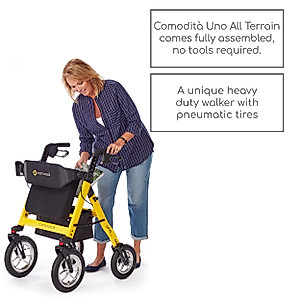 Comodità Uno All Terrain Rolling Walker with Pneumatic Tires, Wheeled Rollator with Orthopedic Extra Wide Seat and Brakes for Adults and Seniors, Easy Folding, 4 Wheel, Modena Red