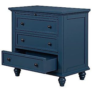 Knocbel 3-Drawer Nightstand with Pull-Out Tray, Wooden Bedside Night Stand Sofa Side End Table with Legs, 110lbs Weight Capacity, 28.1" H x 28" W x 16.9" D (Blue)