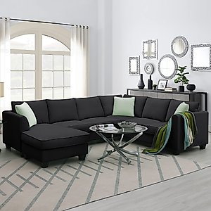 TARTOP 11287" Living Room 7 Seats Modular Sectional Ottoman L Shape Fabric Sofa Corner Couch Set with 3 Pillows, Black