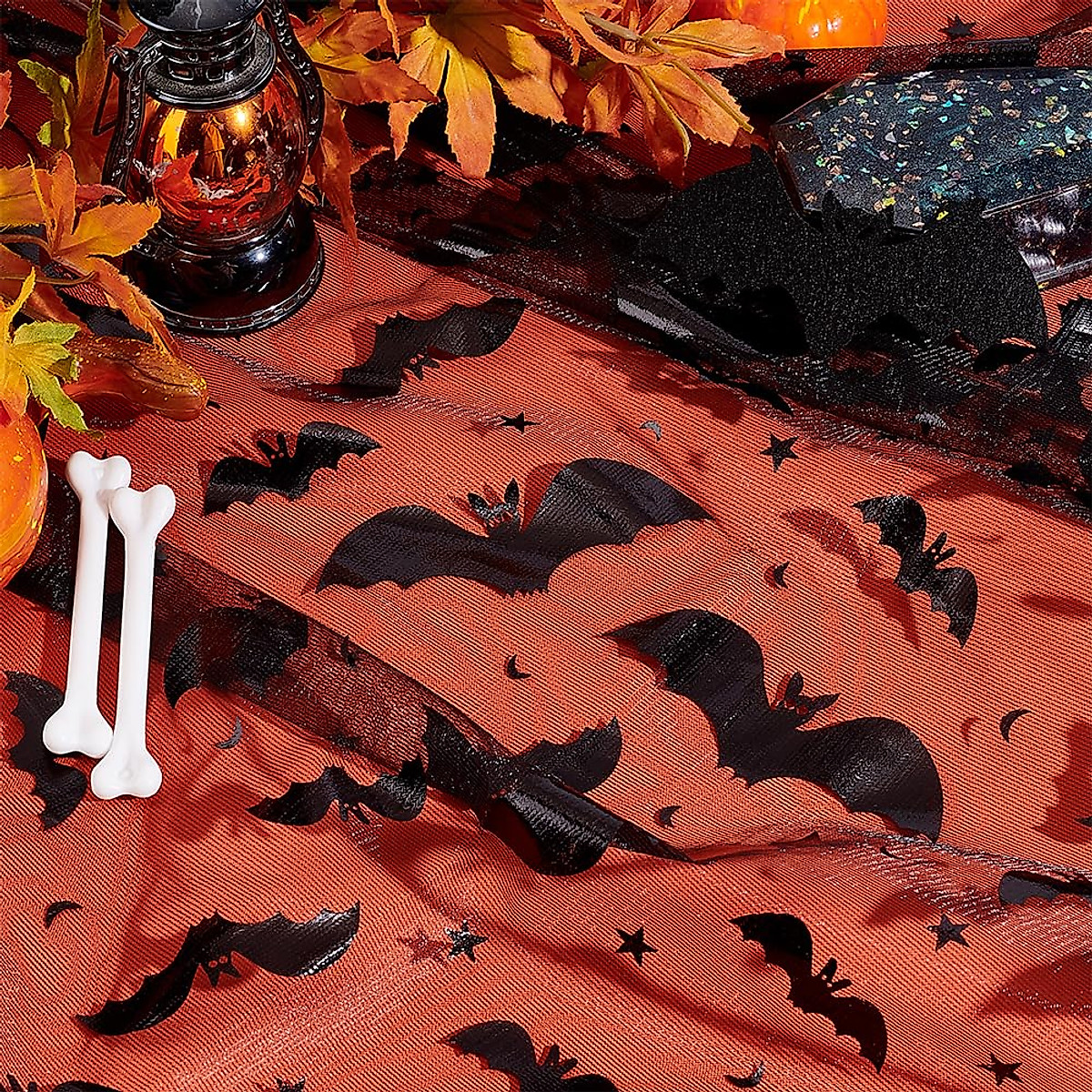 MAYJOYDIY 2.2Yards Black Bat Tulle Fabric with Star Moon Pattern 59inches Wide Hot Stamping Mesh Fabric Halloween Flying Bats Mesh Lace Fabric for DIY Handmade Clothing Home Decor