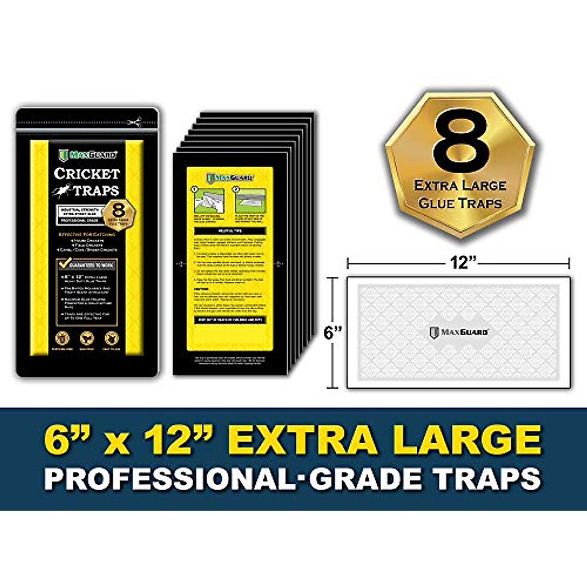 MaxGuard Extra Large Cricket Traps (8 Traps) | Non-Toxic Extra Sticky Glue Board Pre-Baited Cricket Attractant | Trap & Kill House Crickets, Insects, Spiders, Bugs |