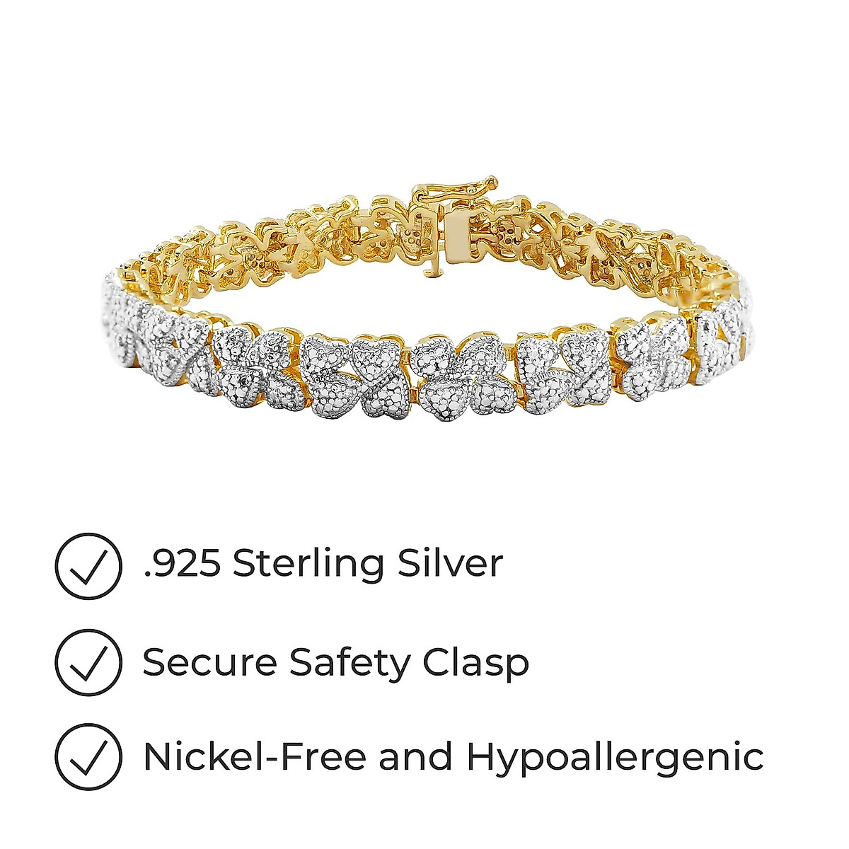 Amazon Essentials 18k Yellow Gold Plated Sterling Silver Genuine Diamond Hearts Bracelet (1/10 cttw, I-J Color, I2-I3 Clarity), 7.25", (previously Amazon Collection)