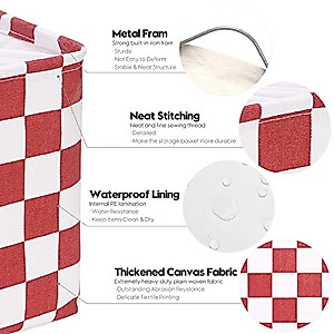 Hinwo 3-Pack Cubic Organizer Shelf Bins, Canvas Fabric Storage Baskets with Handles, 22L/5.8-Gal Square Storage Bins, Cubes, Collapsible Storage Box, 11 x 11 x 11 Inches (S, Red Checkerboard)