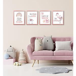 ArtbyHannah 4 Pack 8x10 Inch Framed Baby Nursery Wall Art Decor with Pink and White Decorative Cute Animals Art Prints for Kids Room, Baby Girls Playroom Children Room Bedroom or Home Decoration