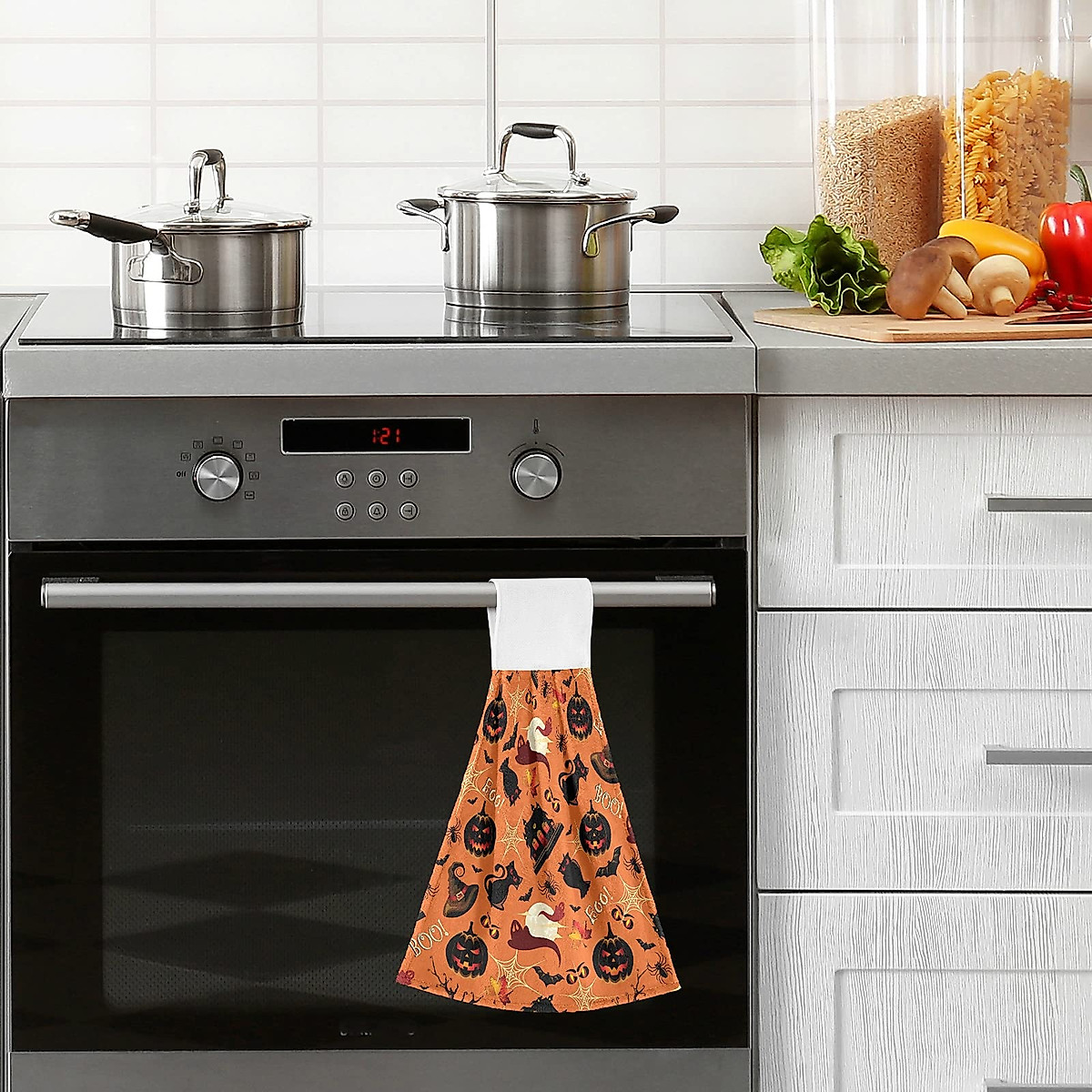 Happy Halloween Pumpkins Spooky Kitchen Hanging Towel 12 x 17 Inch Spider Web Cat Hand Tie Towels Set 2 Pcs Tea Bar Dish Cloths Dry Towel Soft Absorbent Thin Durable for Bathroom Laundry Room Decor