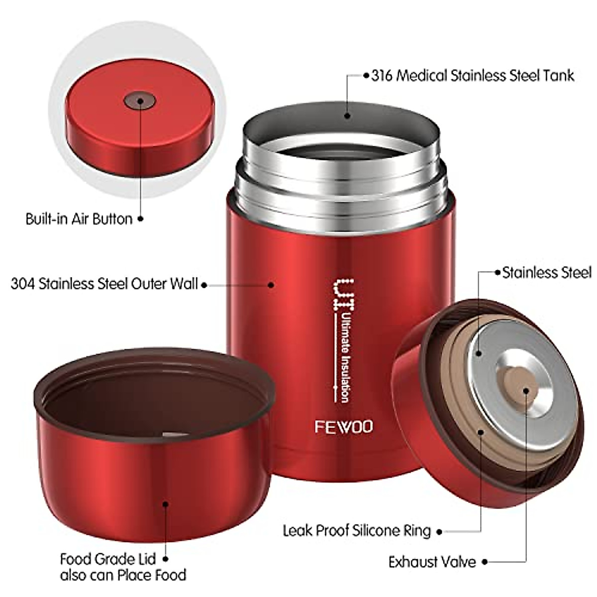 FEWOO Food Jar - 27oz Vacuum Insulated Stainless Steel Lunch Thermos, Leak Proof Soup Containers with bag for Hot or Cold Food (Red)