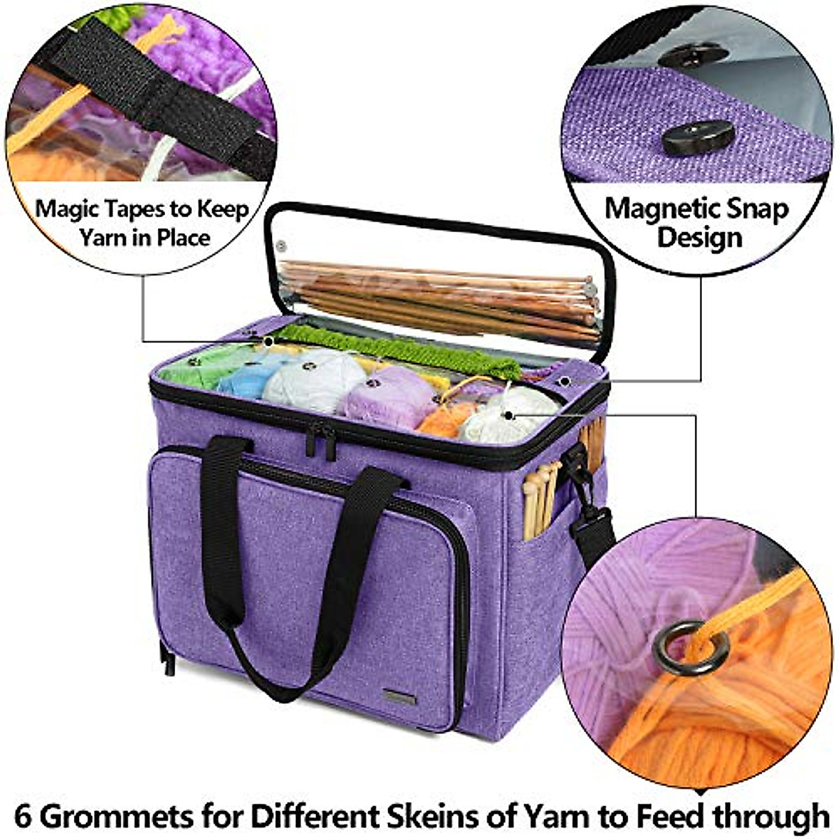 Teamoy Knitting Bag, Yarn Tote Organizer with Inner Divider (Sewn to Bottom) for Crochet Hooks, Knitting Needles(Up to 14”), Project and Supplies, Purple -No Accessories Included