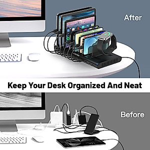 Multi USB Charging Station Unitek 96W 10 Ports Fast Charging Dock with 2 QC 3.0 & 2 PD 18W Charger Station Organizer for Multiple Devices Designed for iPad, iPhone, Tablet, iwatch, Laptop
