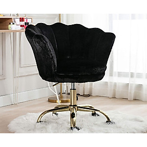 Guyou Faux Fur Home Office Desk Chair Stool Comfy, Swivel Gold Vanity Accent Chair Upholstered Armchair for Living Room/Studio/Make up (Black)