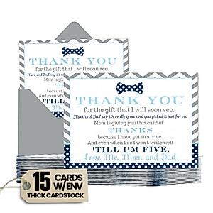 Paper Clever Party Bow Tie Baby Shower Thank You Cards with Envelopes Blank Notes Prefilled Message Boys Personalize for Registry Gifts Blue and Grey Notecard Set 4x6, 15 Pack Printed